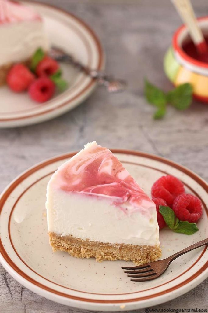 Instant Pot Raspberry Swirl Eggless Cheesecake - Cooking Carnival