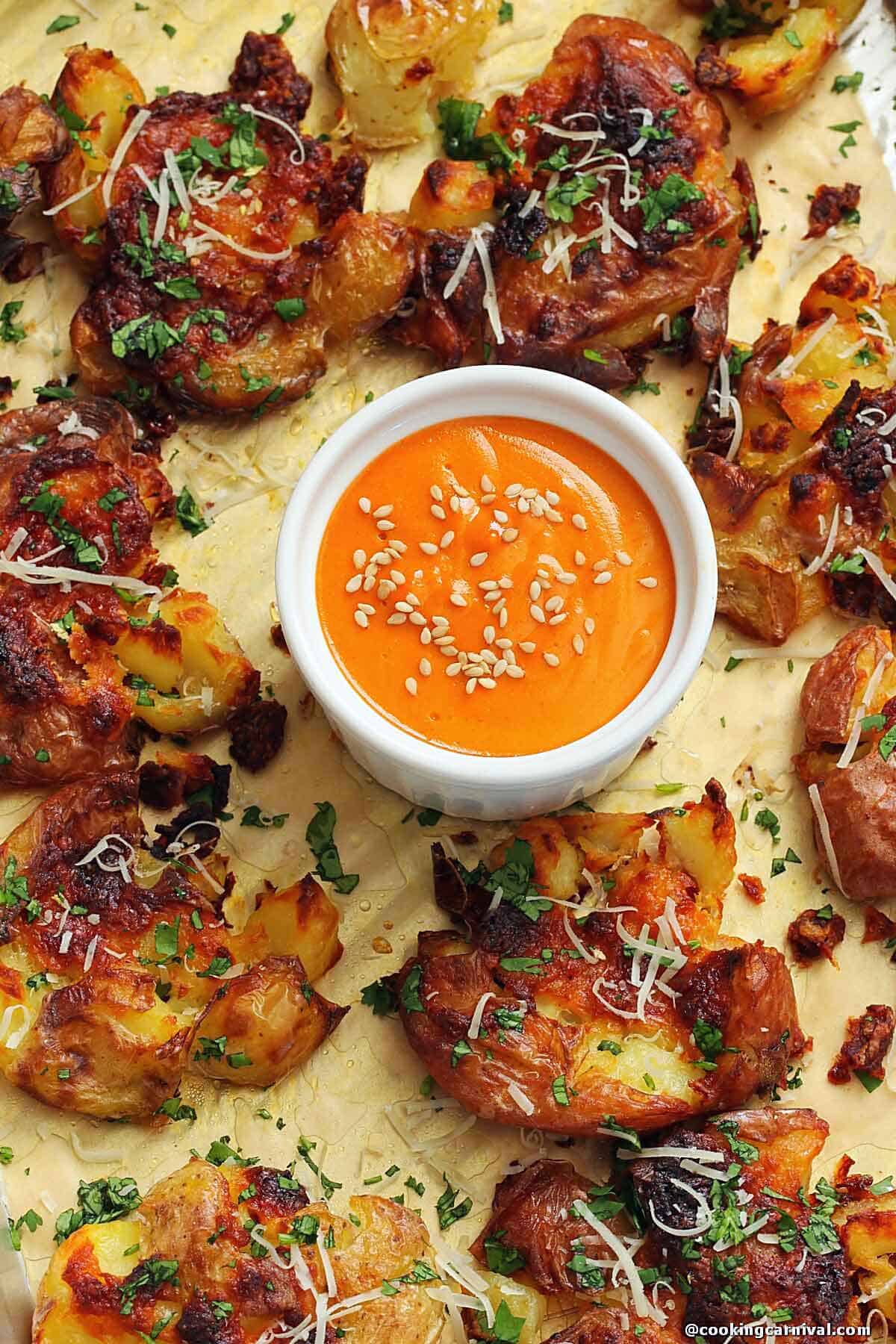 Garlic Parmesan Smashed Potatoes With Creamy Gochujang Sauce - Cooking ...