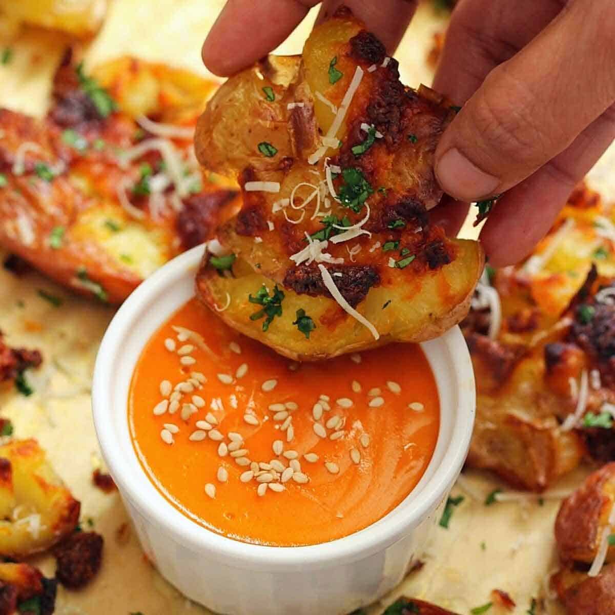 Garlic Parmesan Smashed Potatoes With Creamy Gochujang Sauce - Cooking ...