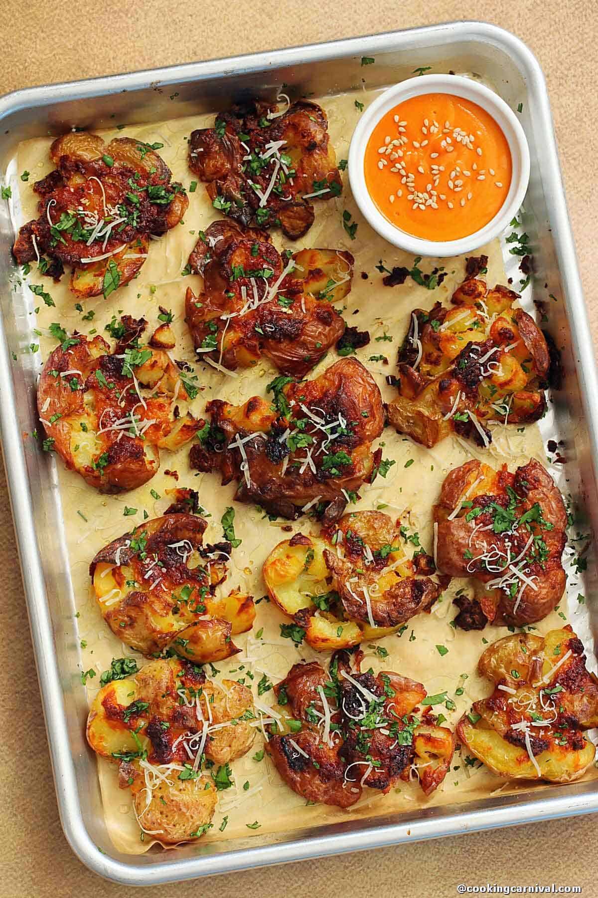 Garlic Parmesan Smashed Potatoes With Creamy Gochujang Sauce - Cooking ...